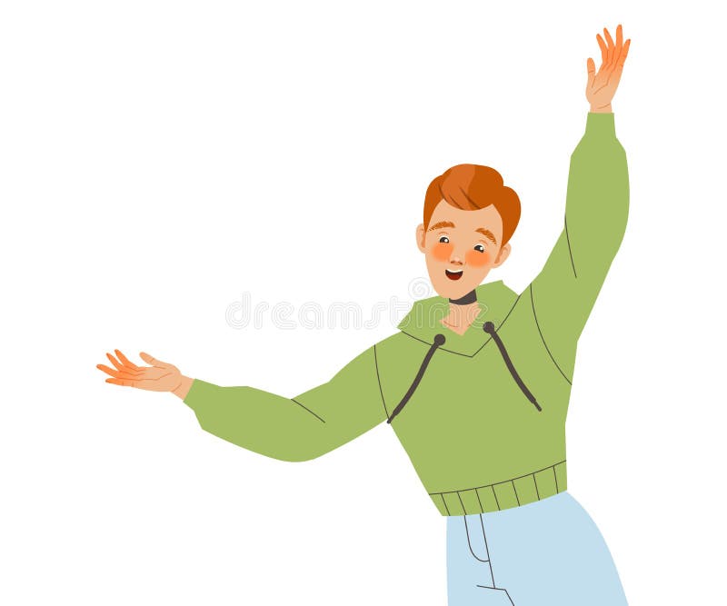 Positive Man Character with Raised Hands and Smiling Face Feeling ...