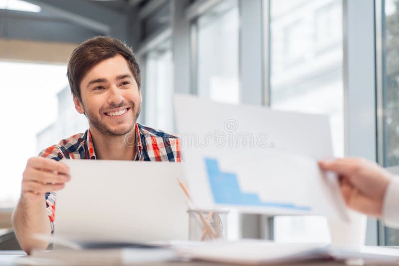 Positive Man Discussing Project Stock Photo - Image of pleasant ...