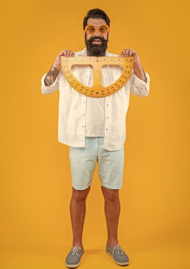 Positive Man Hold Geometry Protractor Isolated on Yellow. Man Hold ...