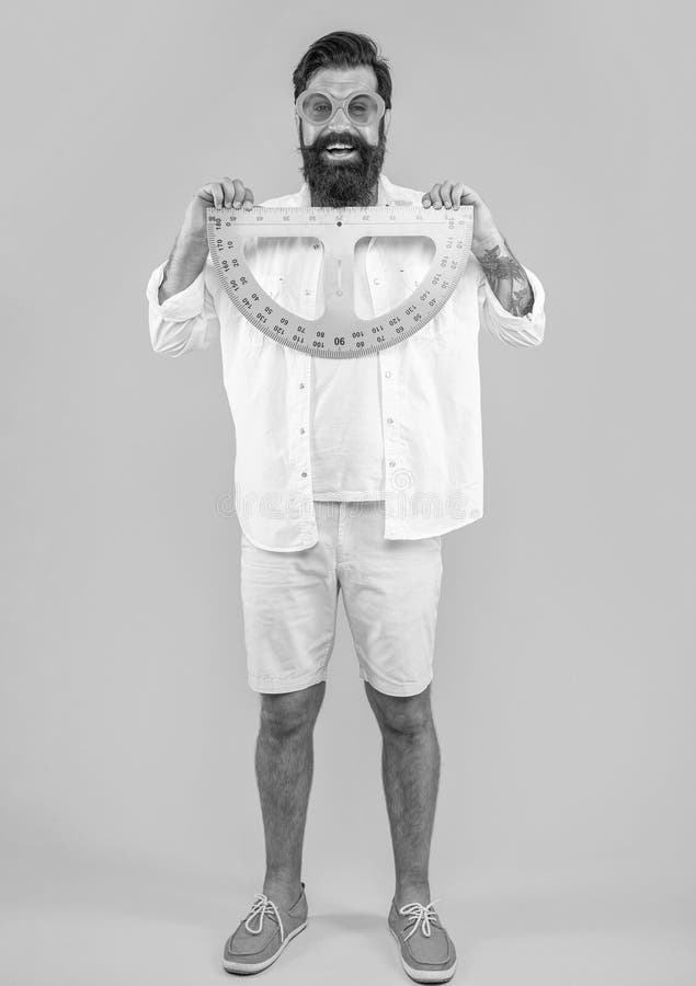 Positive Man Hold Geometry Protractor Isolated on Yellow. Man Hold ...