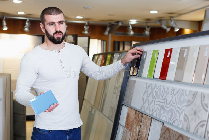 Positive Man Holding Sample Kitchen Ceramic Tile Modern Store Stock ...
