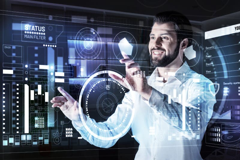 Positive Man Smiling while Touching a Futuristic Screen Stock Photo ... Positive Man Smiling while Touching a Futuristic Screen Stock Photo ...