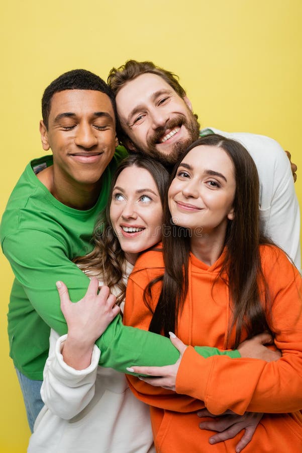Positive Multiethnic People Hugging on Stock Image - Image of friends ...