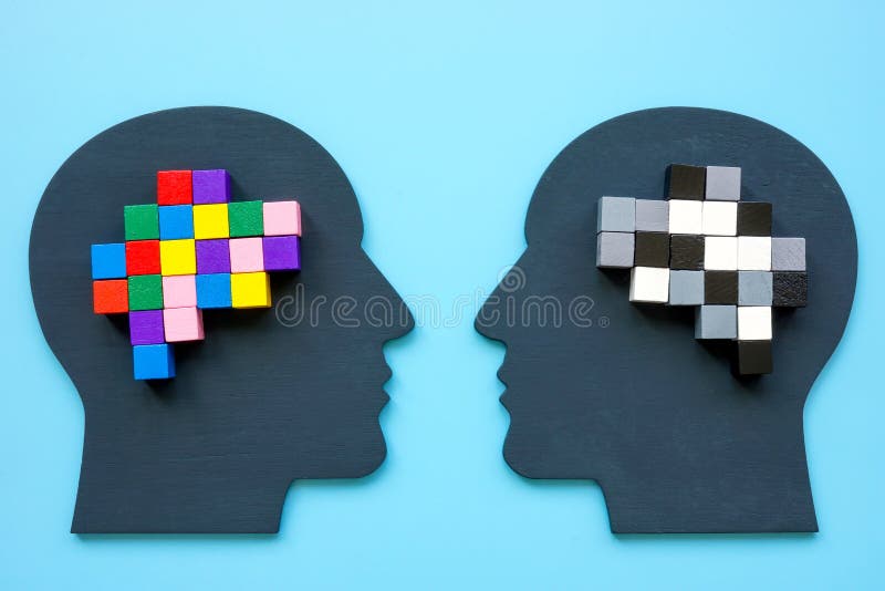 Positive and Negative Thinking Concept. Heads and Brain from Colored ...