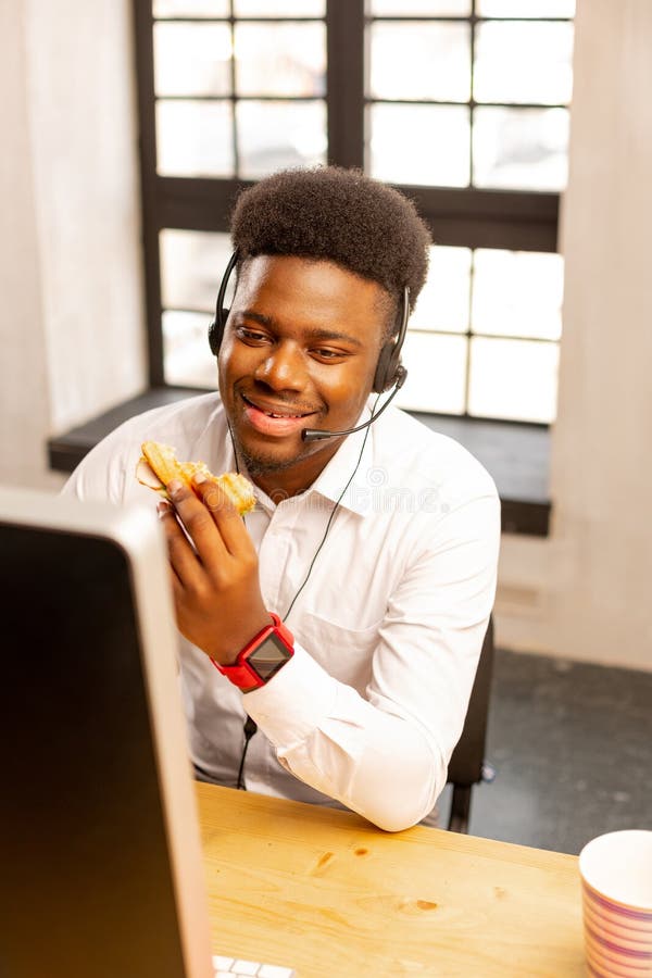 Positive Nice Man Sitting with a Sandwich Stock Image - Image of alone ...