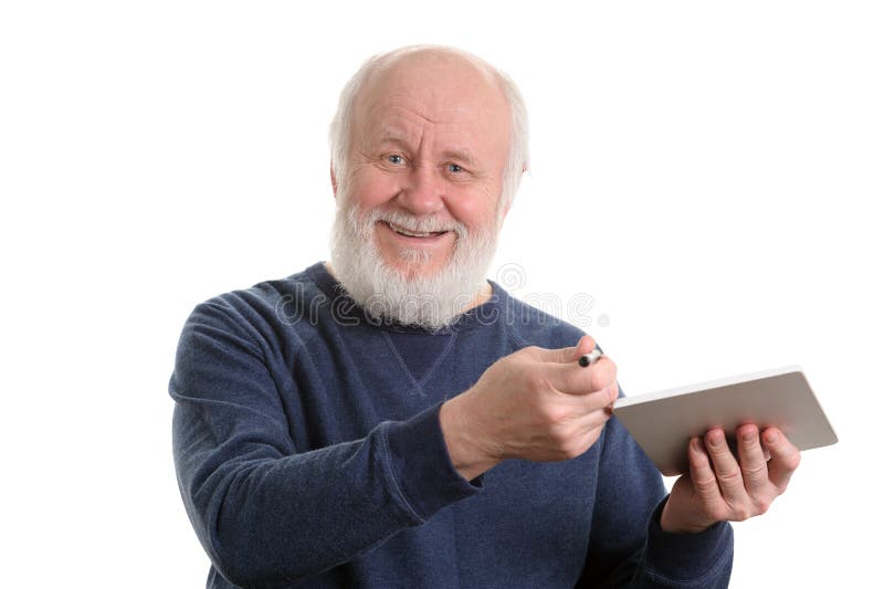 Positive Old Man Using Tablet Computer Isolated on White Stock Photo ...
