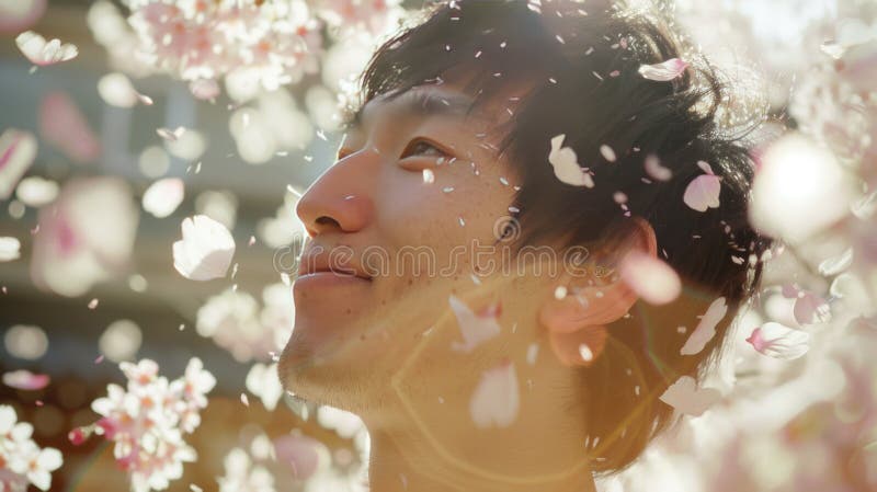 Positive Profile of a Male Student Amidst Dancing Cherry Petals Stock ...
