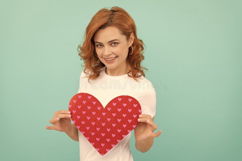 Positive Redhead Lady Hold Red Heart on Blue Background Stock Photo ...