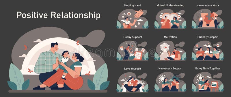 Positive Relationships Dark or Night Mode Set. Loving Family Connection ...