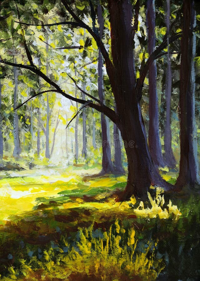 Positive Solar Painting with Acrylic Sun Rays in the Forest Stock Image ...