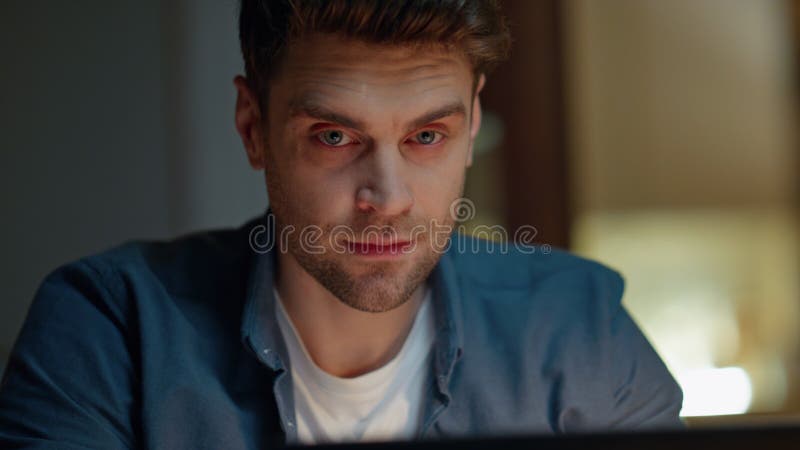 Positive Startuper Looking Camera Evening Workplace Portrait. Guy ...