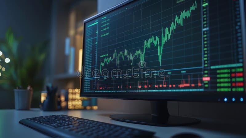Stock Market Data Showing Growing Trend on Computer Screen in Office at ...