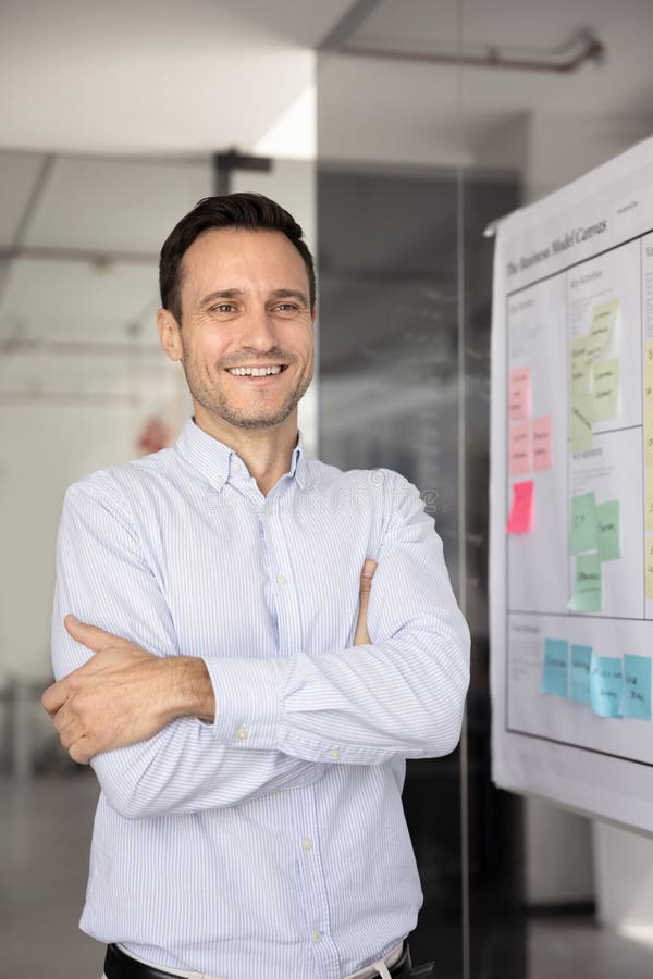 Positive Successful Project Leader Man Standing with Hands Folded Stock ...