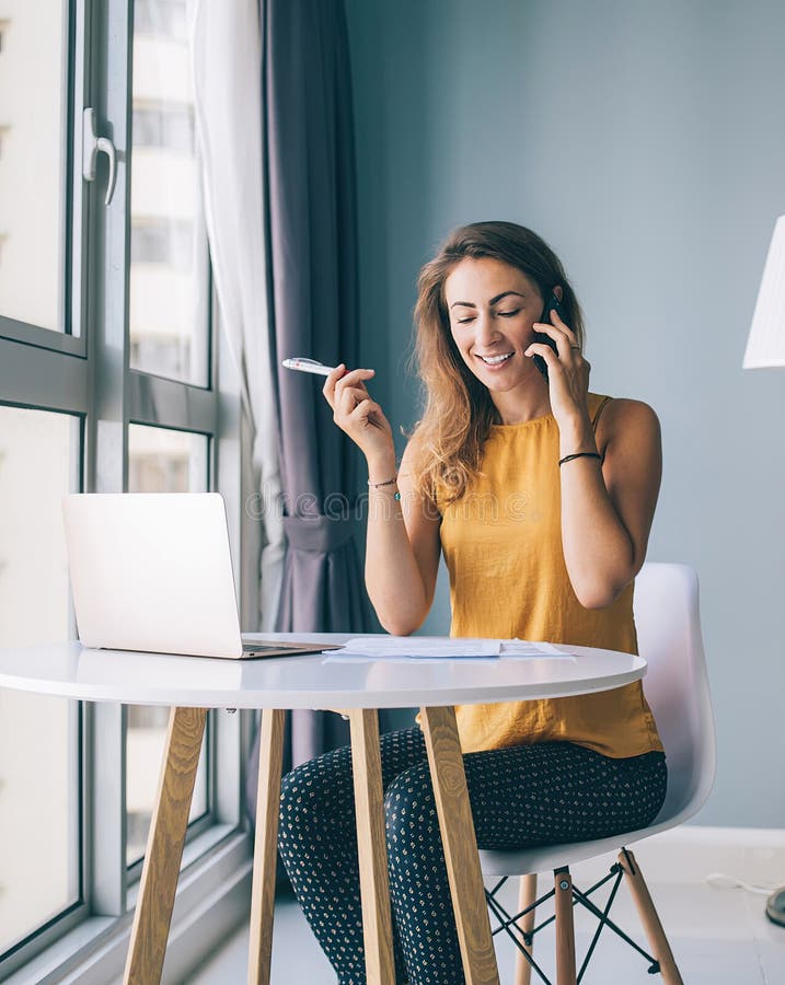 Positive Successful Woman Making Smartphone Conversation Stock Image ...