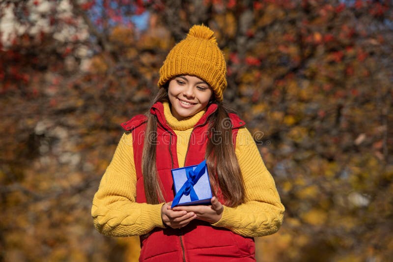 Positive Teen Kid with Present Box in Autumn Stock Photo - Image of ...