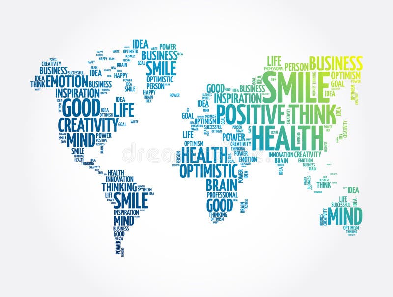 Positive Thinking Word Cloud in Shape of World Map, Creative Concept ...