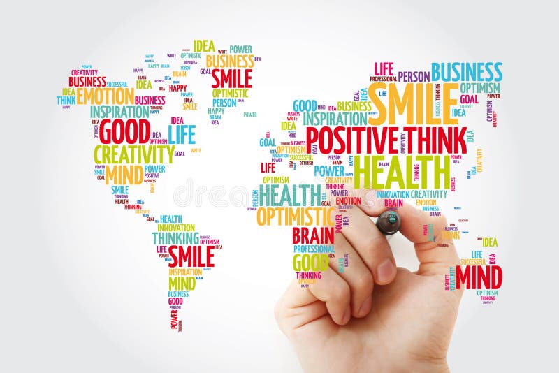 Positive Thinking Word Cloud in Shape of World Map, Creative Concept ...