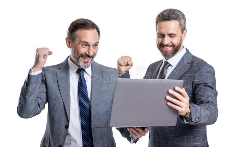 Positive Two Businessmen Freelancing Using Laptop. Businessmen ...