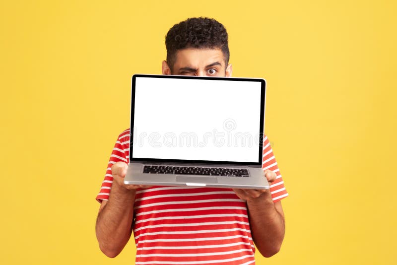 Positive Unknown Man Hiding Face Behind Laptop with White Empty Display ...