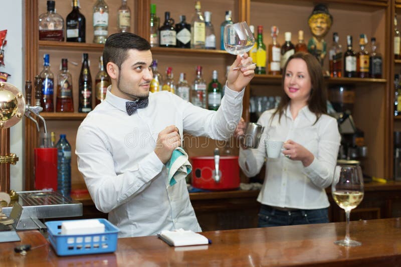 Positive Waitress and Barmen Working Stock Image - Image of distance ...