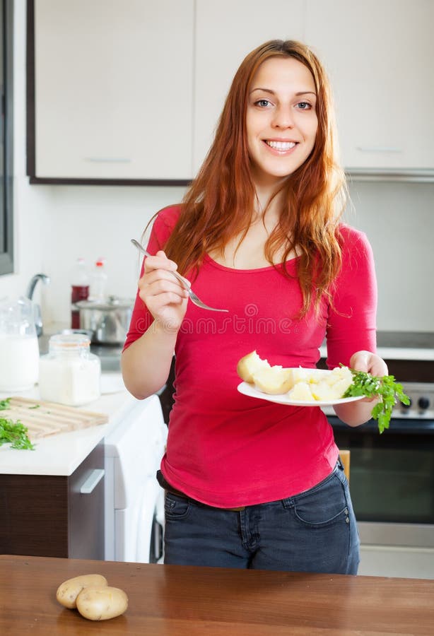Positive Woman Eating Potatoes Stock Image - Image of plump, person ...