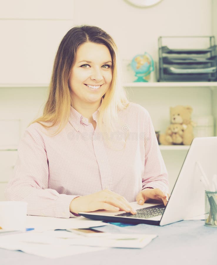 Positive Woman Worker Working Effectively in Office Stock Image - Image ...