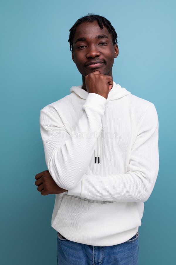 Positive Young African Guy in White Sweatshirt Stock Image - Image of ...