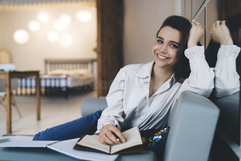 Smiling Woman Taking Notes in Notepad Stock Photo - Image of happy ...