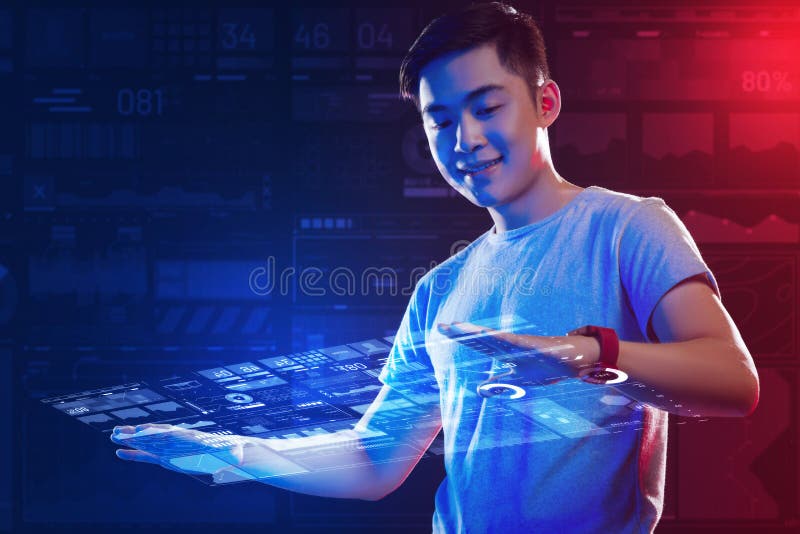 Positive Young Man Creating a Horizontal Projection and Smiling Stock ...