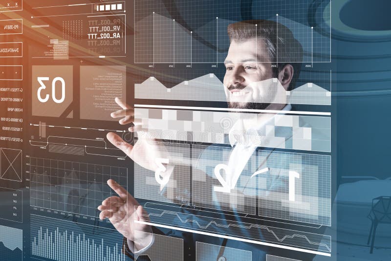 Positive Young Man Looking Satisfied while Using a New Program Stock ...