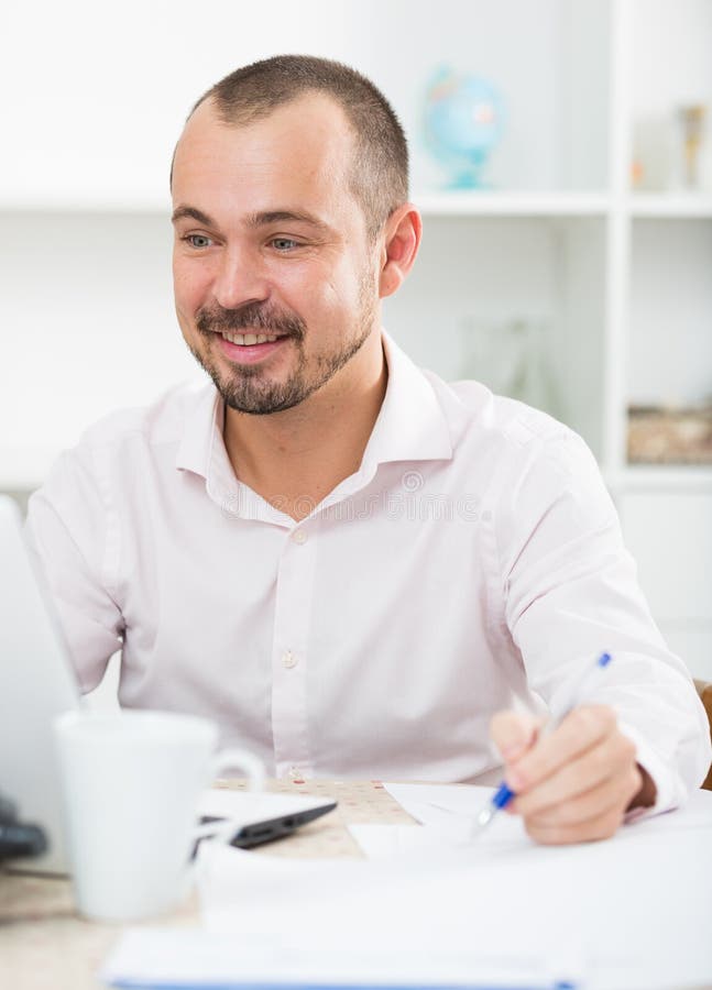 Positive Young Man in Office Stock Image - Image of asking, european ...