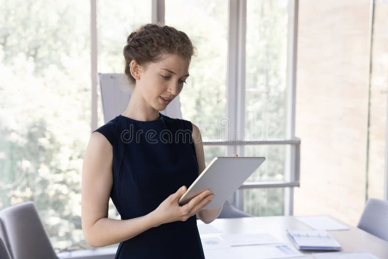 Positive Young Pretty Office Worker Girl Using Tablet Computer Stock ...