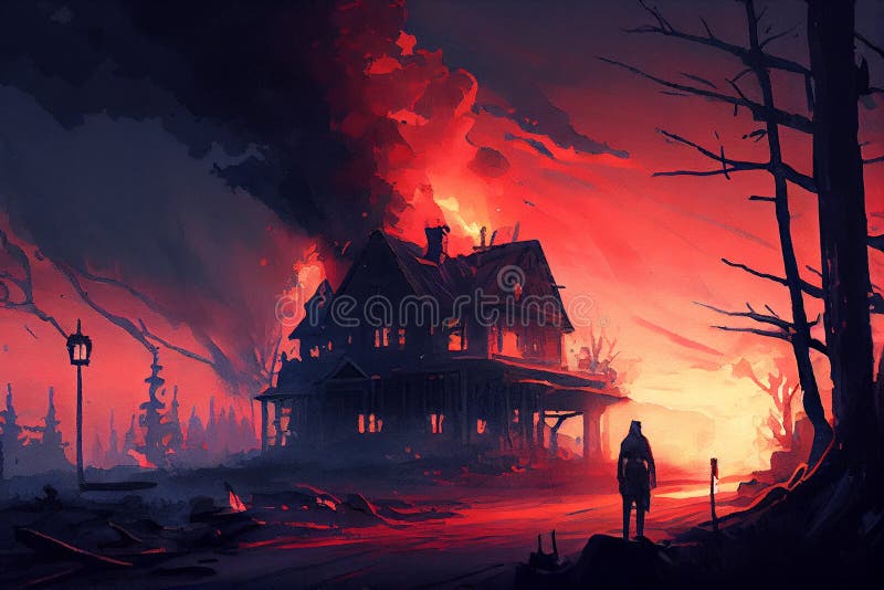 Post-apocalypse, Fire, Night, Red Clouds, Victorian Style Stock ...