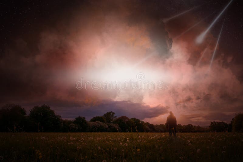 A Post Apocalypse Scene Showing a Man Standing, Looking at Asteroid ...