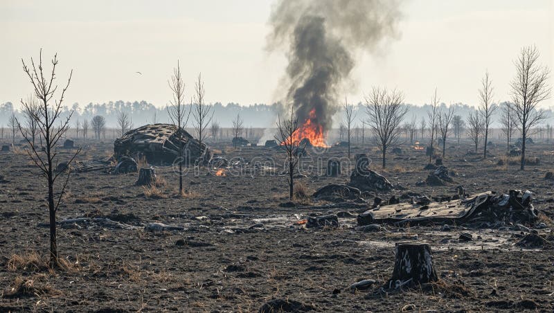 Post Apocalyptic Battlefield Scene with Smoke Craters and Wrecked ...