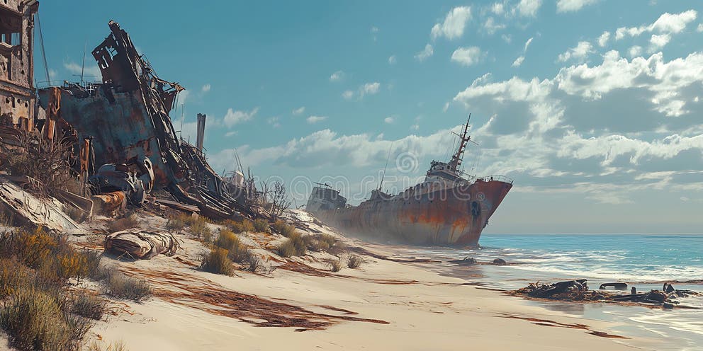Post Apocalyptic Beach Ruins Landscape Stock Illustration ...
