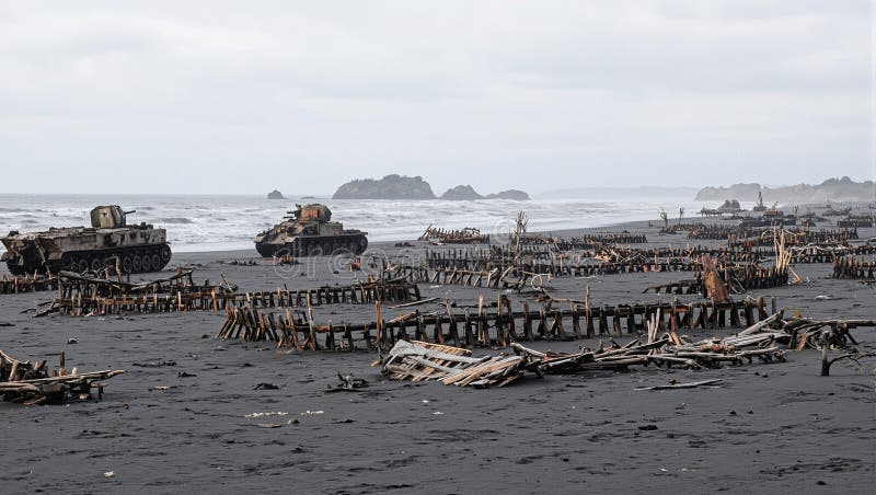 Post Apocalyptic Beach Scene with Abandoned Military Remnants and ...
