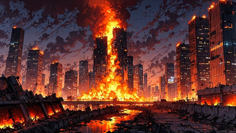 A Post Apocalyptic Burning Cyberpunk City on Fire. Anime Style Stock ...