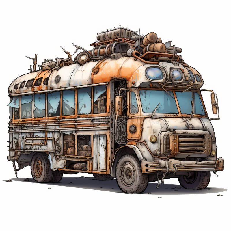 Post-apocalyptic Bus Illustration: Detailed Architecture and Expressive ...
