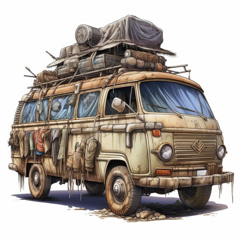 Post-apocalyptic Camper Van Illustration with Detailed Characters Stock ...