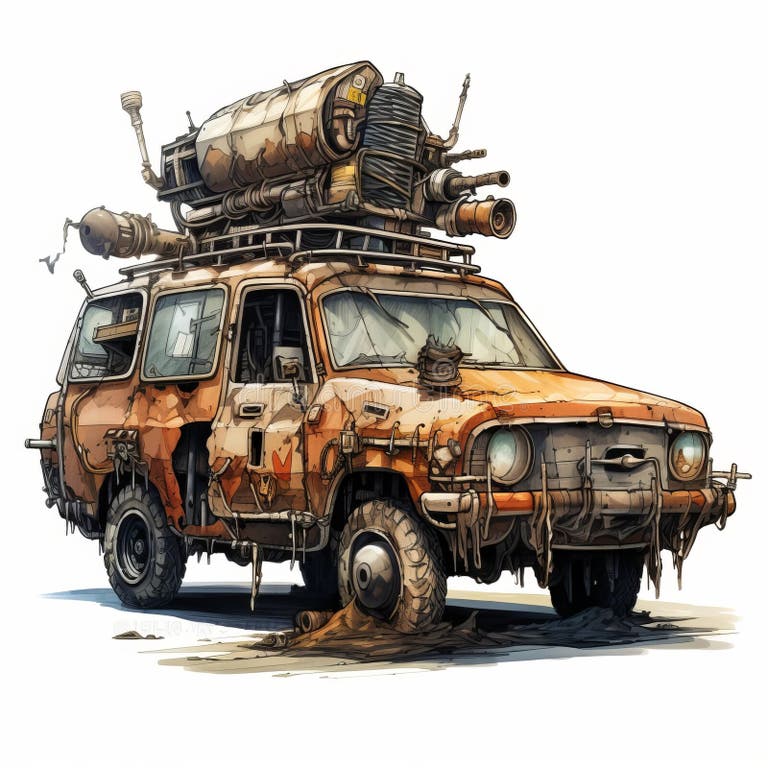 Post-apocalyptic Car Illustration with Rusty Weapons Stock Illustration ...