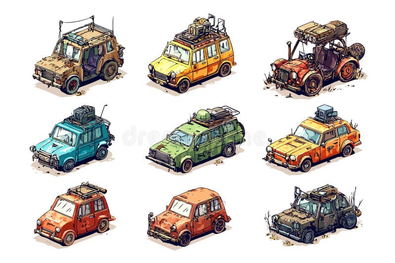 Post Apocalyptic Car Set Isometric Collection Isolated Stock Vector ...