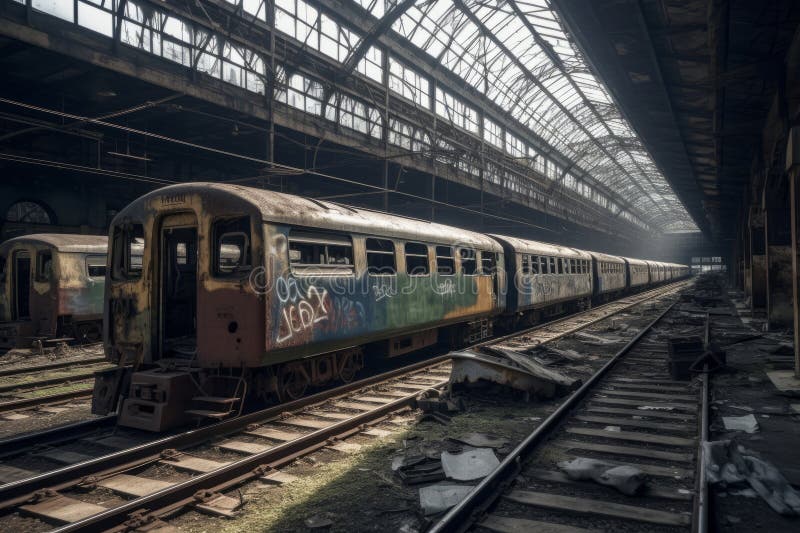 Post-apocalyptic City with Abandoned Train Station and Trains ...