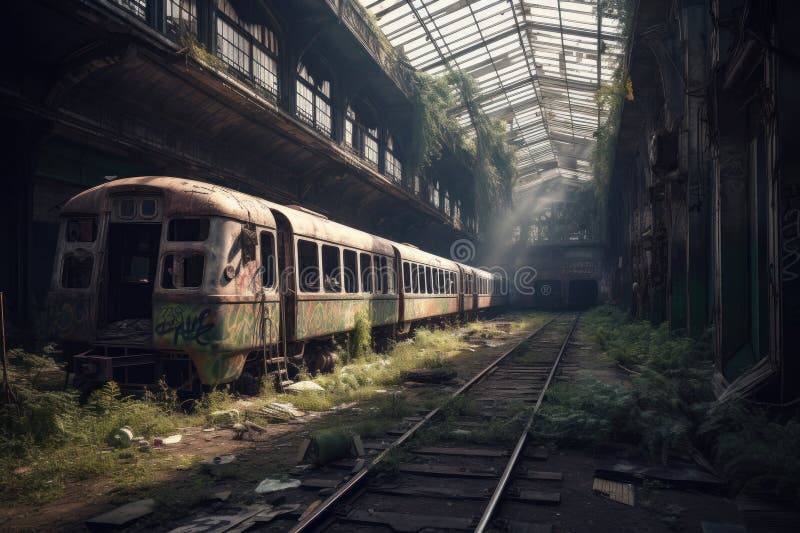 Post-apocalyptic City with Abandoned Train Station and Trains ...