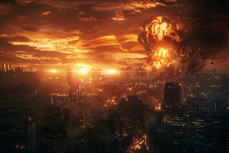 Postapocalyptic Cityscape with Explosion Stock Illustration - Illustration of silhouette ...