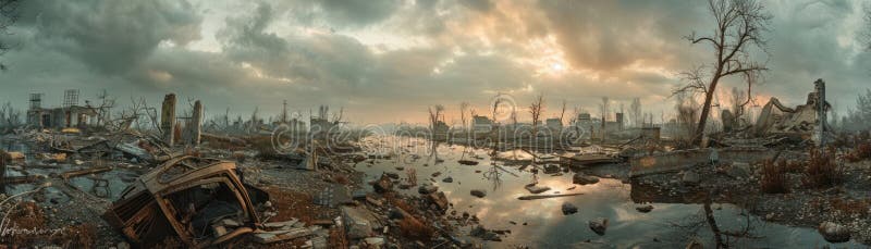 A Post-apocalyptic City with a River Running through it. the Sky is ...