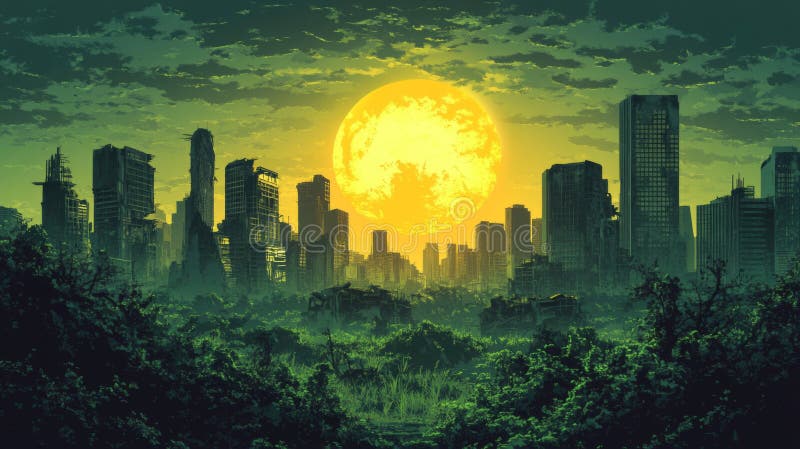 Post Apocalyptic City Skyline at Sunset Stock Illustration ...