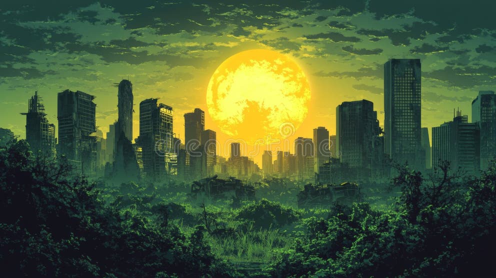 Post Apocalyptic City Skyline at Sunset Stock Illustration ...
