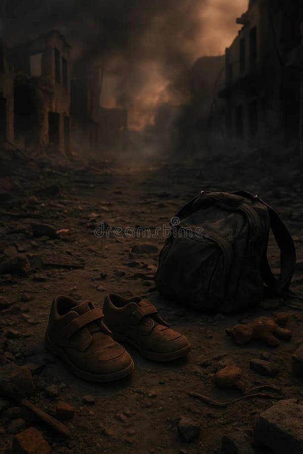 Post-Apocalyptic Cityscape with Backpack and Shoes Stock Illustration ...