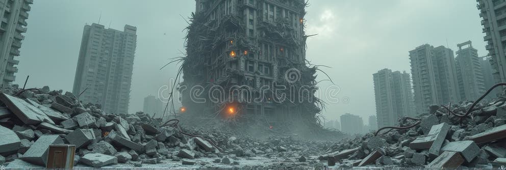 Post-apocalyptic Cityscape with Crumbling Skyscraper and Debris Stock ...